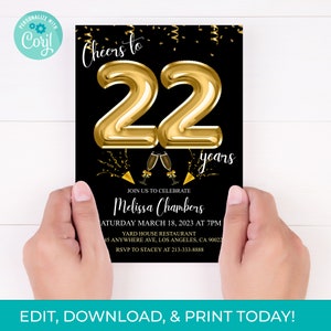 22nd Birthday Invitation 22nd Invite Black Gold Balloons Invitation, 22 ...