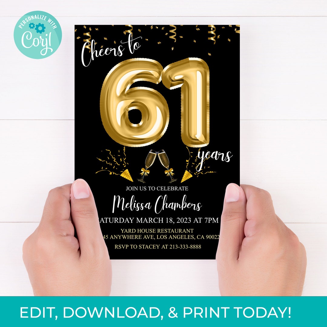 61st Birthday Invitation 61st Invite Black Gold Balloons Invitation ...