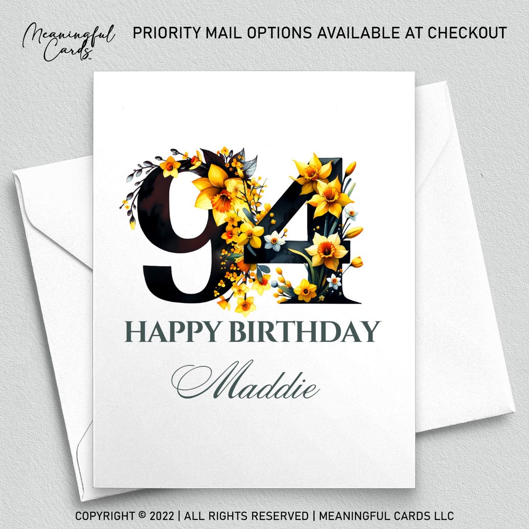 Personalized 94th Birthday Card Floral Design, Customized Ninetieth ...
