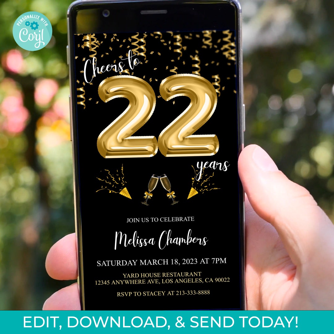 22nd Birthday Invitation Editable 22nd Invite Send Online, 22 and ...