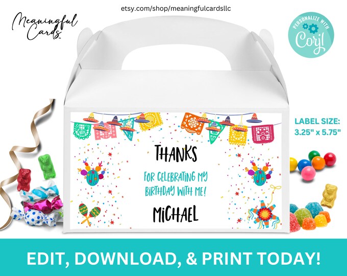 EDITABLE Piñata Fiesta Gable Box Label Pinata Fiesta Birthday Treat Box ...