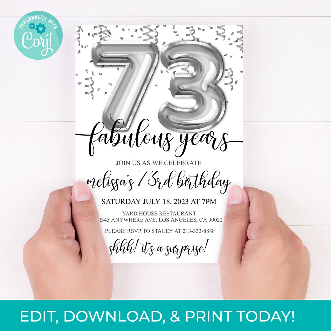 73rd Birthday Invitation, Silver Balloons, Editable Template (digital ...