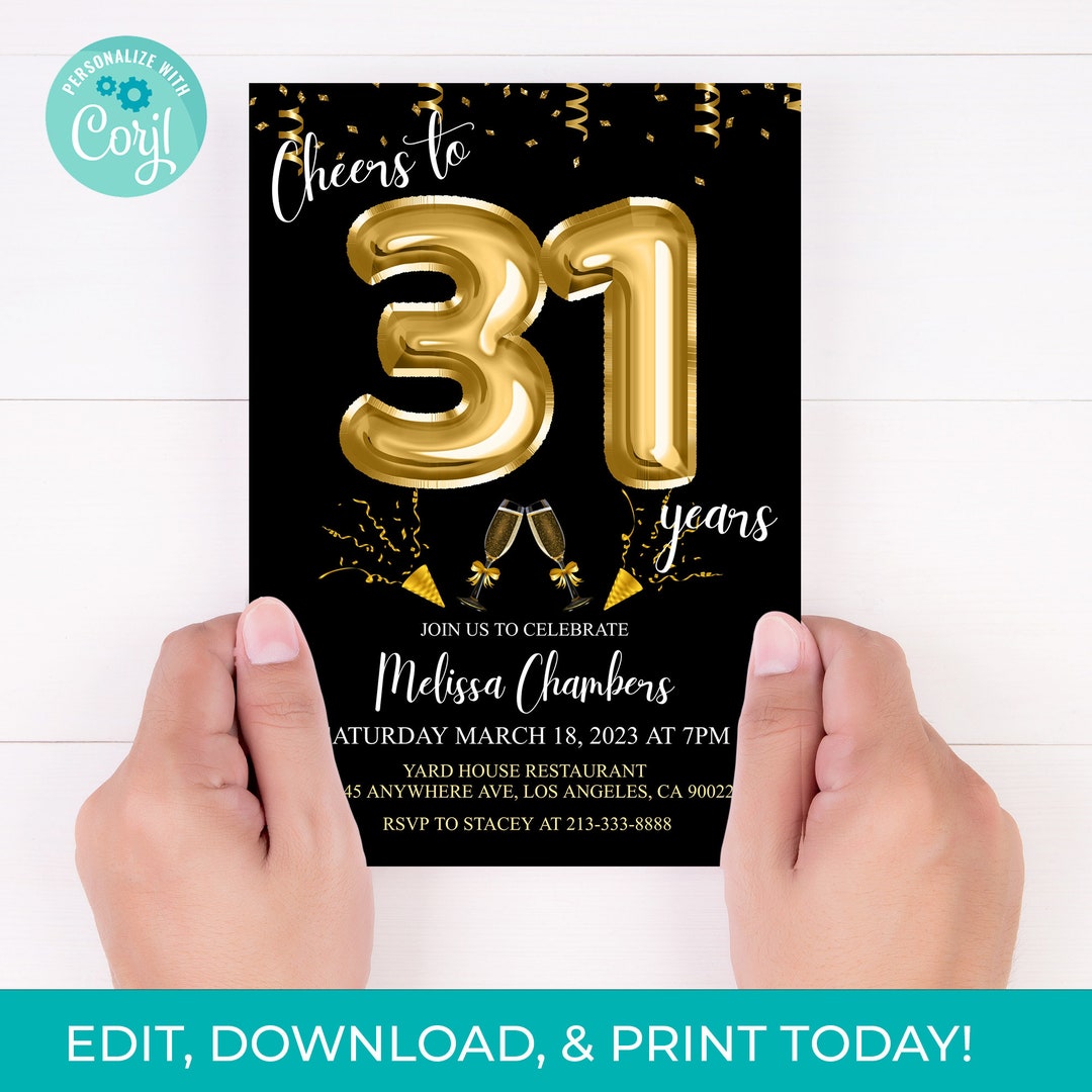 31st Birthday Invitation, Black Gold Balloons, Editable Printable ...