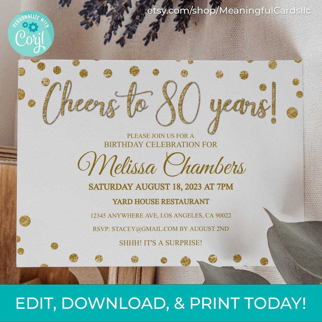 80th Birthday Invitation 80th Invite Gold Glitter Invitation, Editable ...