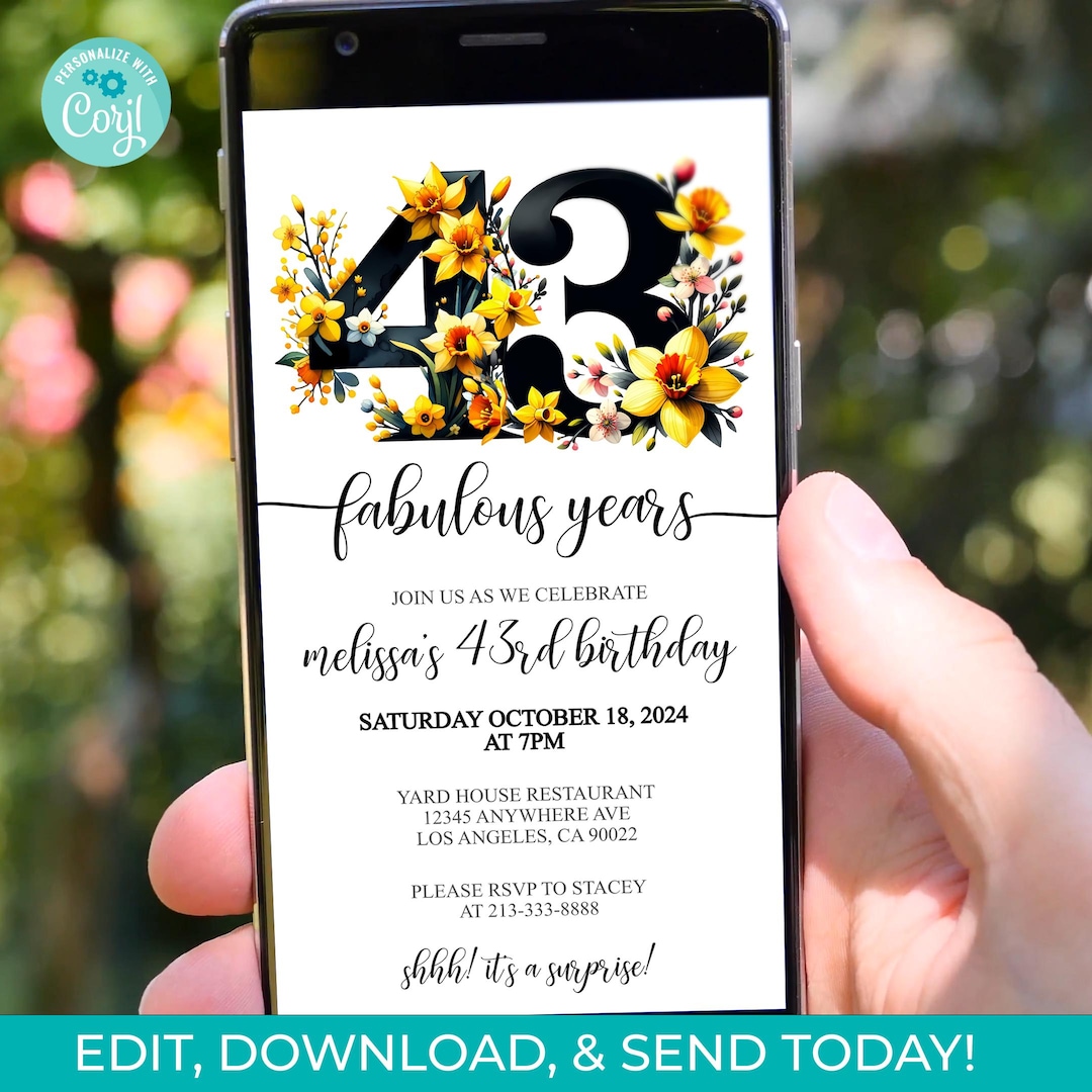 Editable 43rd Birthday Invitation Template, DIY 43rd Birthday Party ...