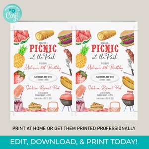 Editable Picnic BBQ Invitation Barbecue Birthday Party Download Summer ...