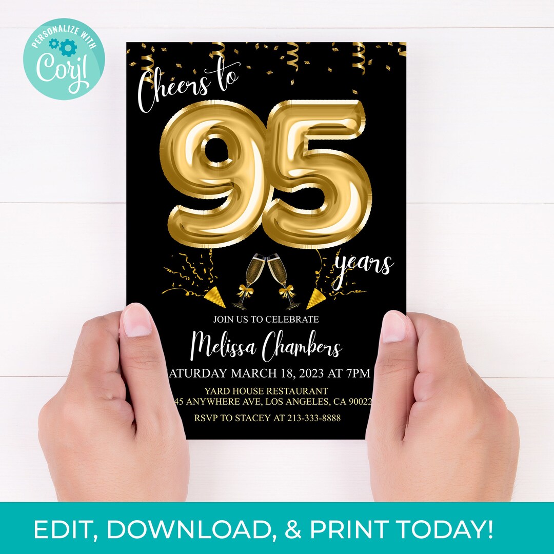 95th Birthday Invitation 95th Invite Black Gold Balloons Invitation ...