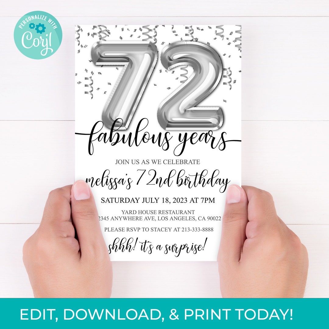 72nd Birthday Editable Invitation 72nd Invite Silver Balloons Party ...