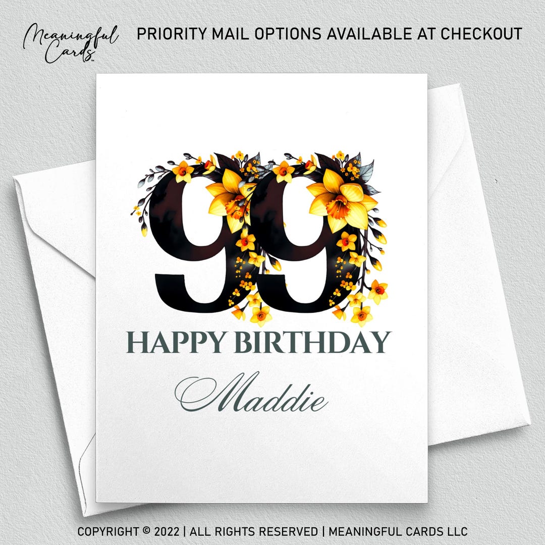 Personalized 99th Birthday Card Floral Design, Customized Ninety Ninth ...