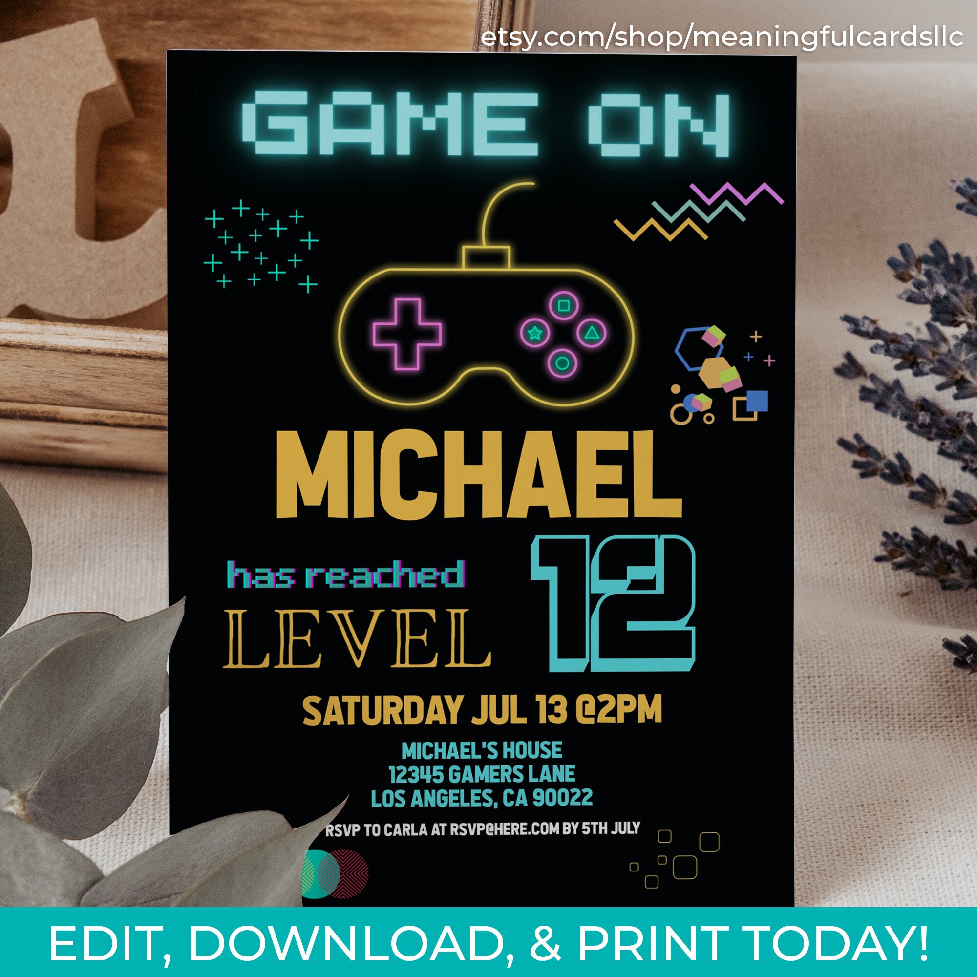 Editable Video Game Birthday Invitation – Neon Gamer Party (digital ...