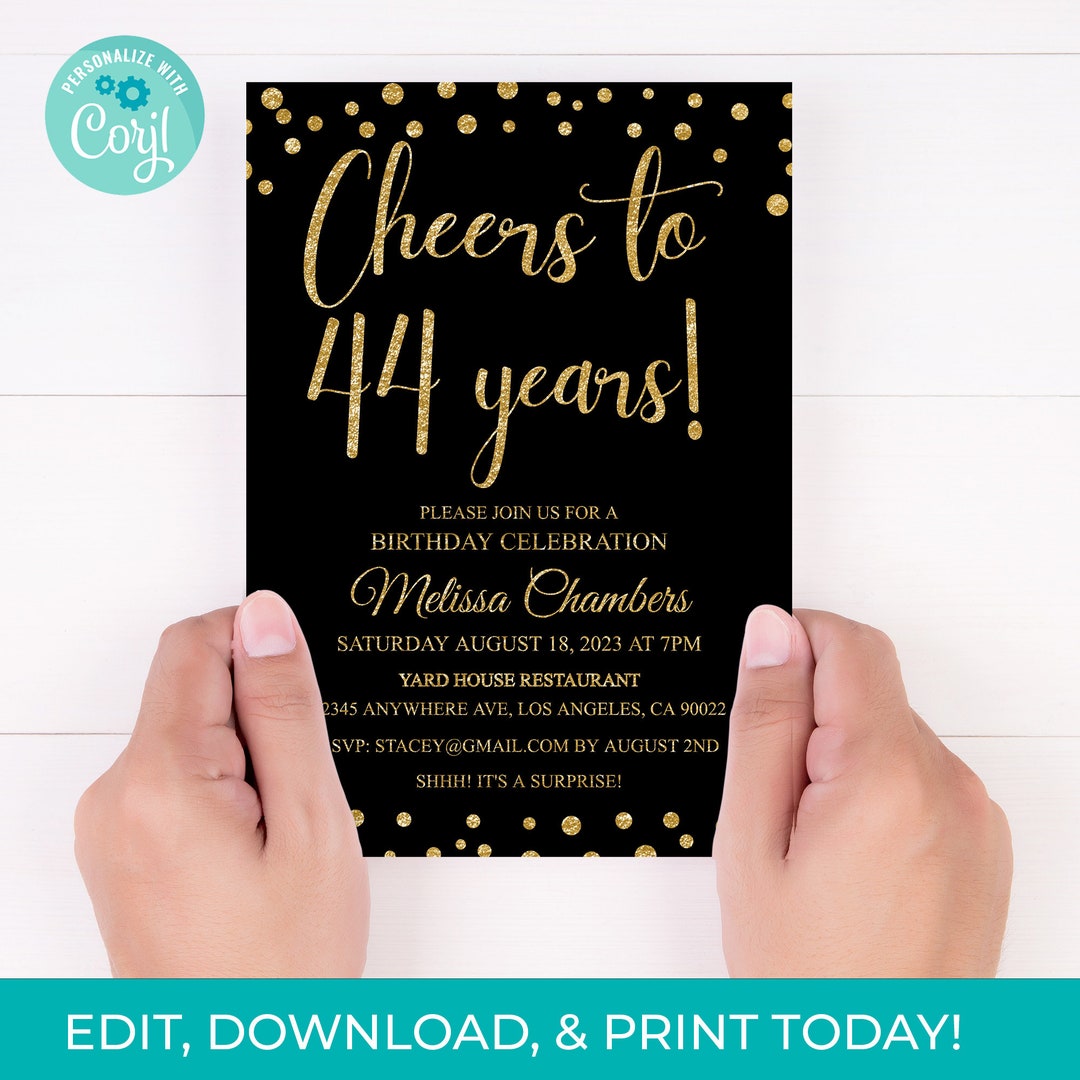 44th Birthday Invitation 44th Invite Black Gold Glitter Invitation ...