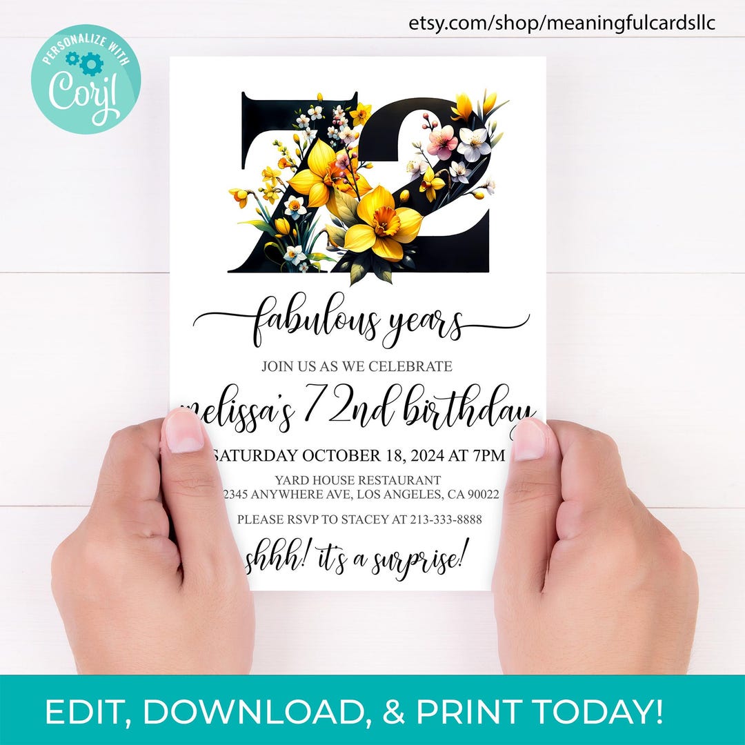 Editable Seventy Second Birthday Invitation Template Print at Home ...