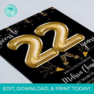 22nd Birthday Invitation 22nd Invite Black Gold Balloons Invitation, 22 ...