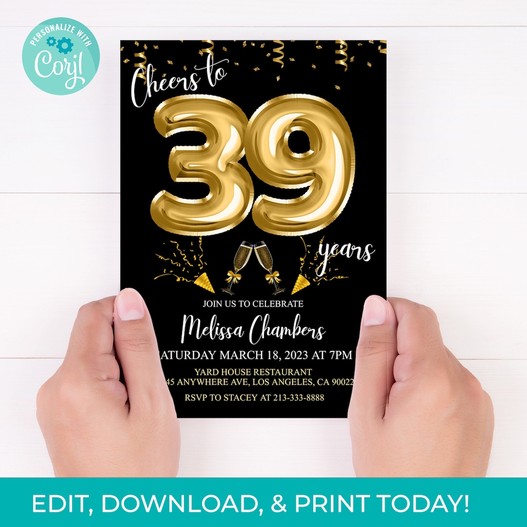 39th Birthday Invitation 39th Invite Black Gold Balloons Invitation ...