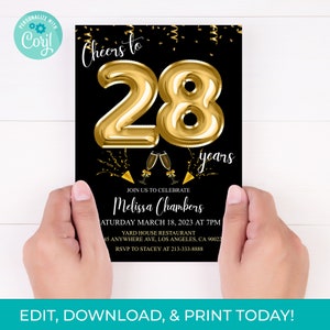 28th Birthday Invitation 28th Invite Black Gold Balloons Invitation ...