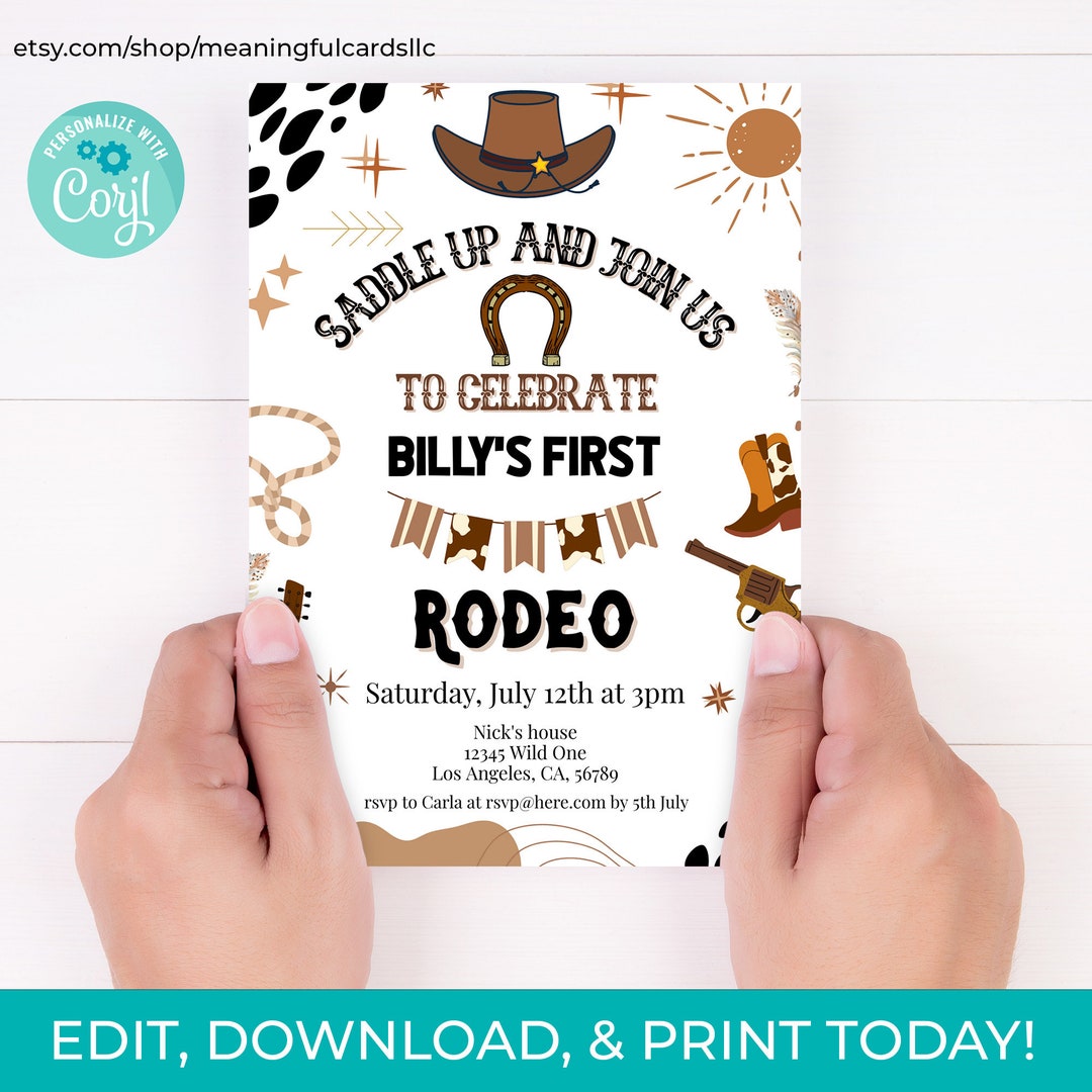 Editable My First Rodeo Invitation Cowboy Birthday Invite Wild West ...
