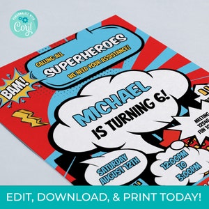 Editable Superhero Birthday Invitation, Super Hero Comic Book Printable ...