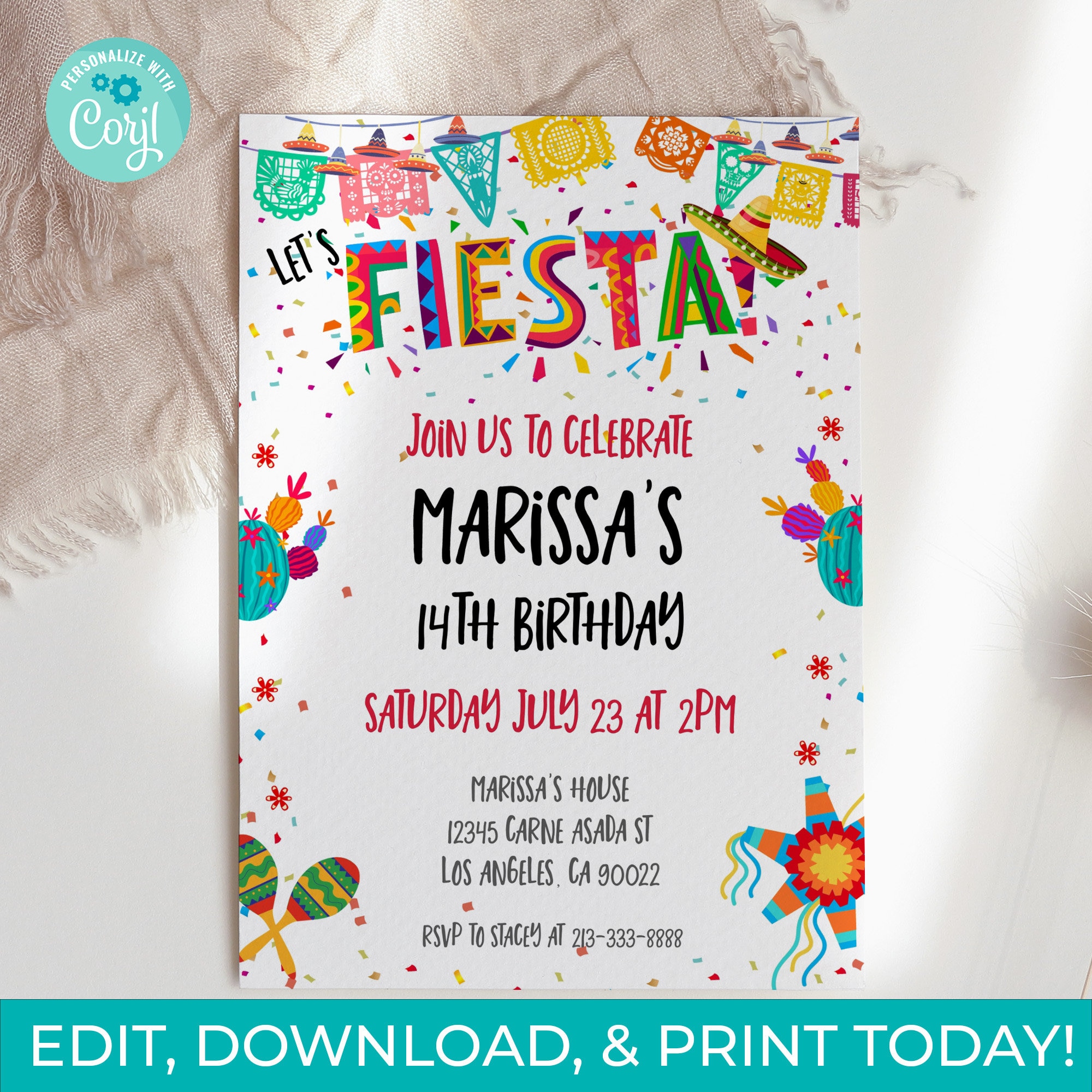 Editable Fiesta Birthday Invitation Template, Cactus Party (digital ...