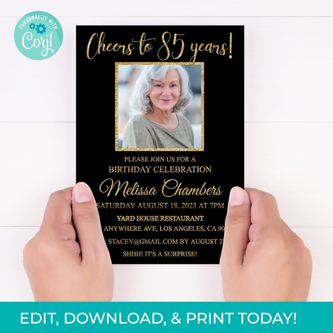 85th Birthday Invitation With Photo 85th Invite Black Gold Digital ...