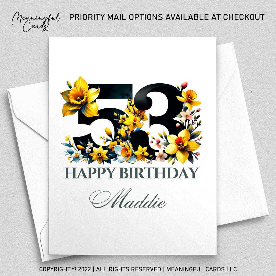 Personalized 53rd Birthday Card Floral Design, Customized Fifty Third ...