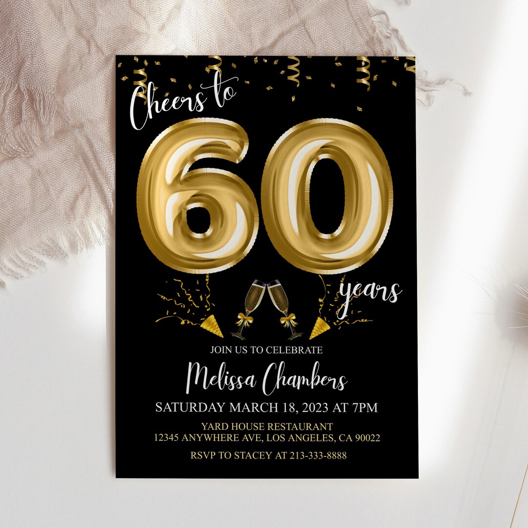 60th Birthday Editable Invitation 60th Invite Gold Invitation, Balloons ...