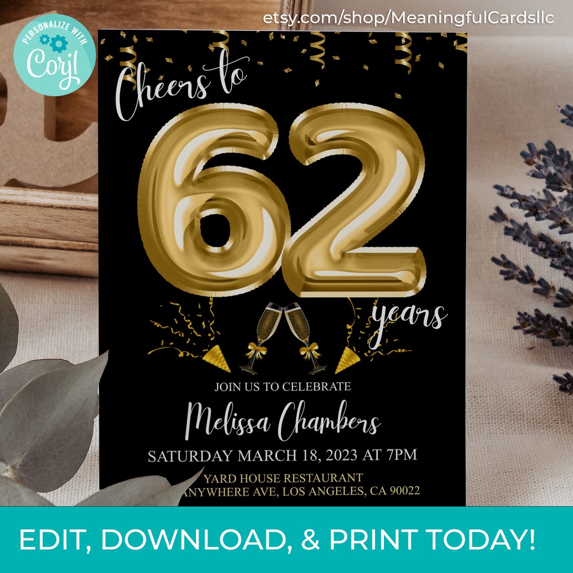 62nd Birthday Invitation, Black and Gold, Editable (digital Download ...