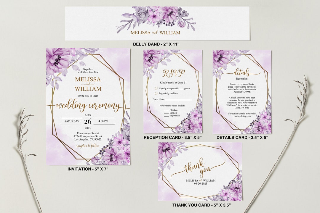 Editable Lavender Wedding Invitation Template Set, Lavender Gold ...