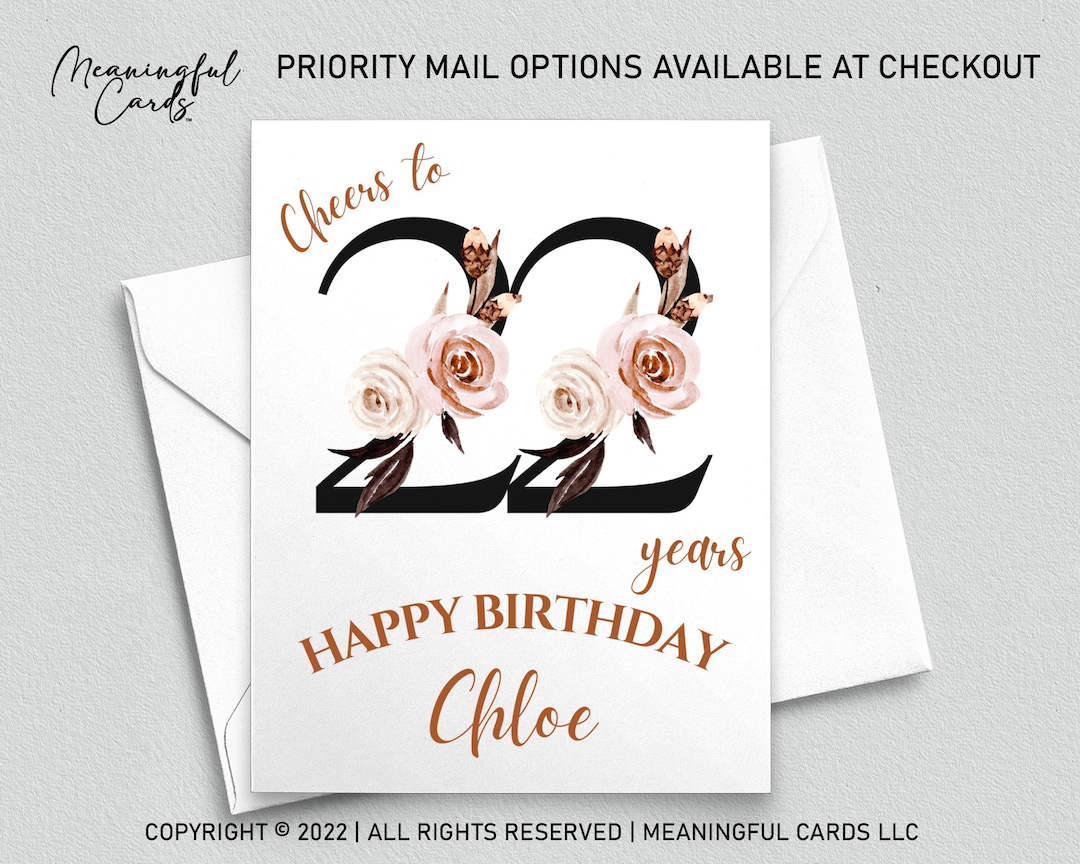 22nd Birthday Card Personalized Birthday Card, Cheers to 22 Years Custom Birthday Card, Boho ...