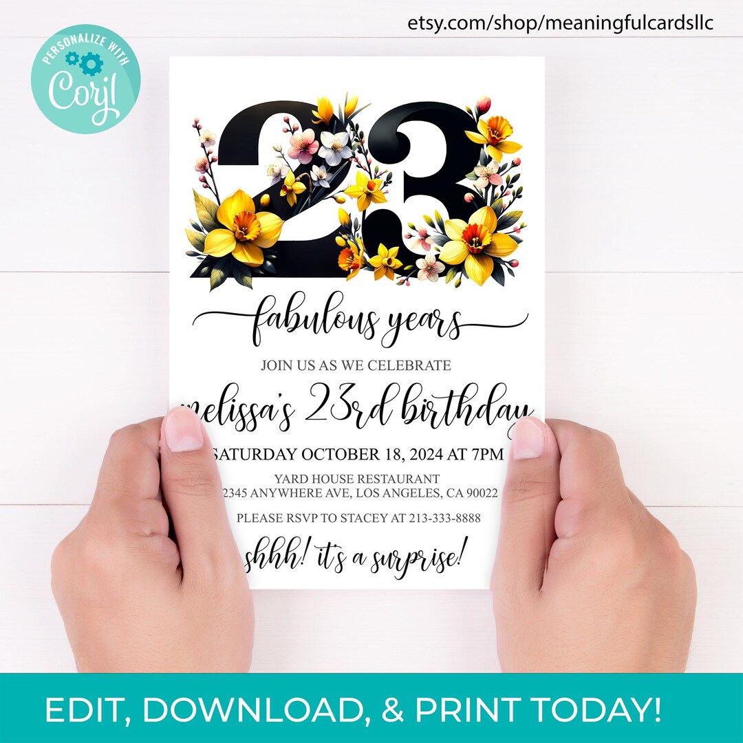 Floral 23rd Birthday Invitation Template (digital Download) - Etsy