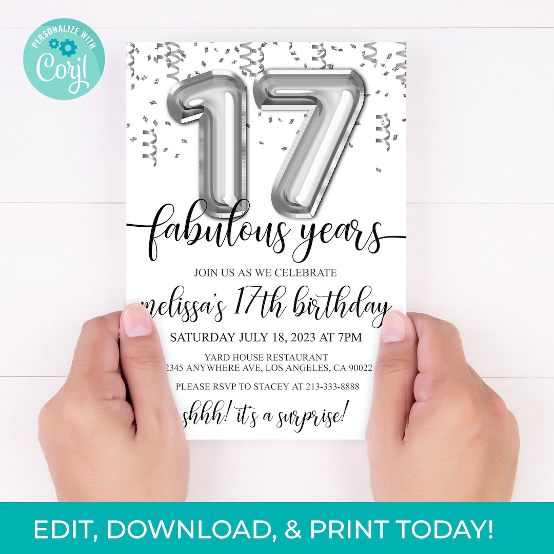 17th Birthday Editable Invitation 17th Invite Silver Balloons Party ...