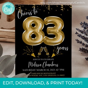 83rd Birthday Invitation 83rd Invite Black Gold Balloons Invitation ...