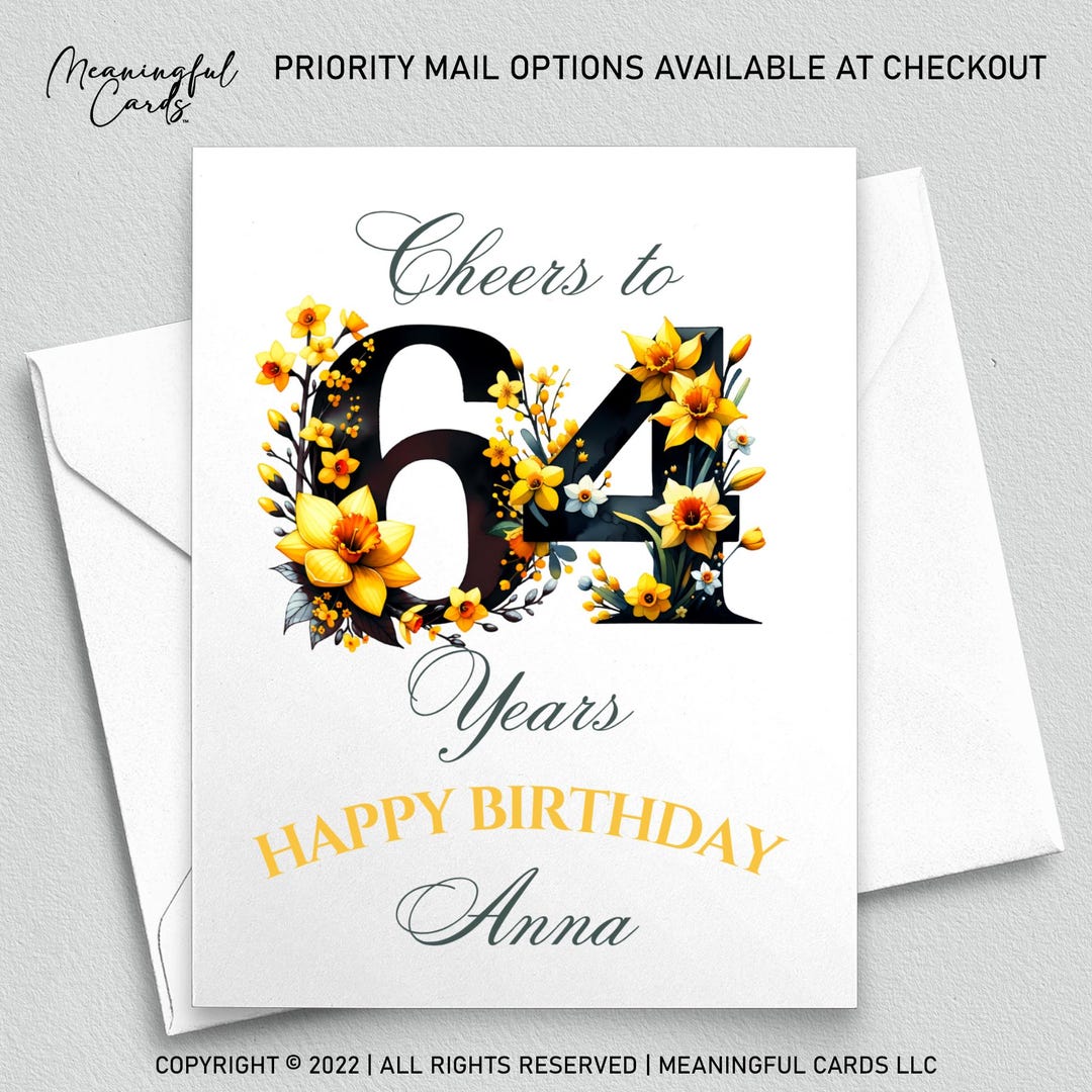 Personalized 64th Birthday Card Floral Design, Customized Sixty Fourth ...