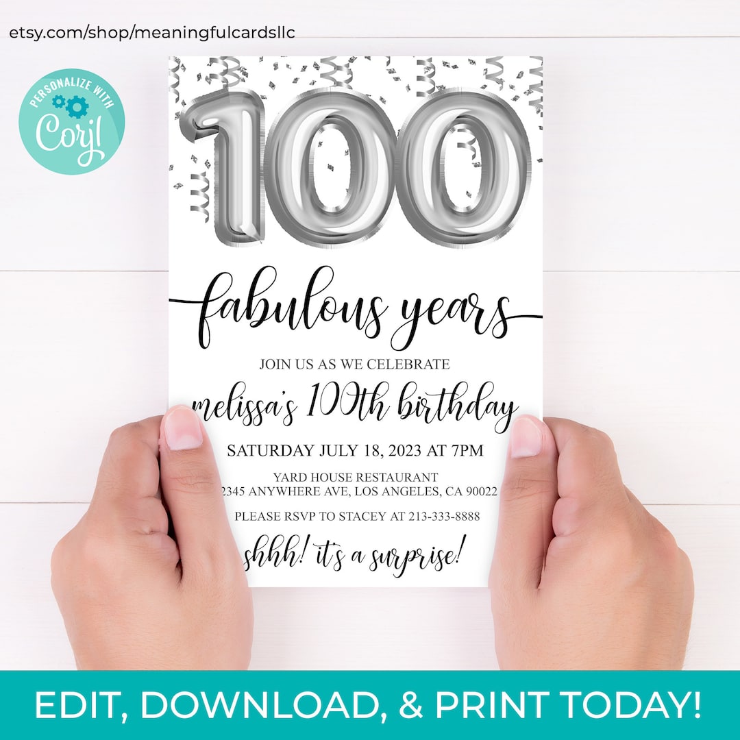 100th Birthday Editable Invitation 100th Invite Silver Balloons Party ...