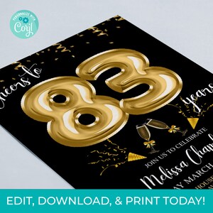 83rd Birthday Invitation 83rd Invite Black Gold Balloons Invitation ...