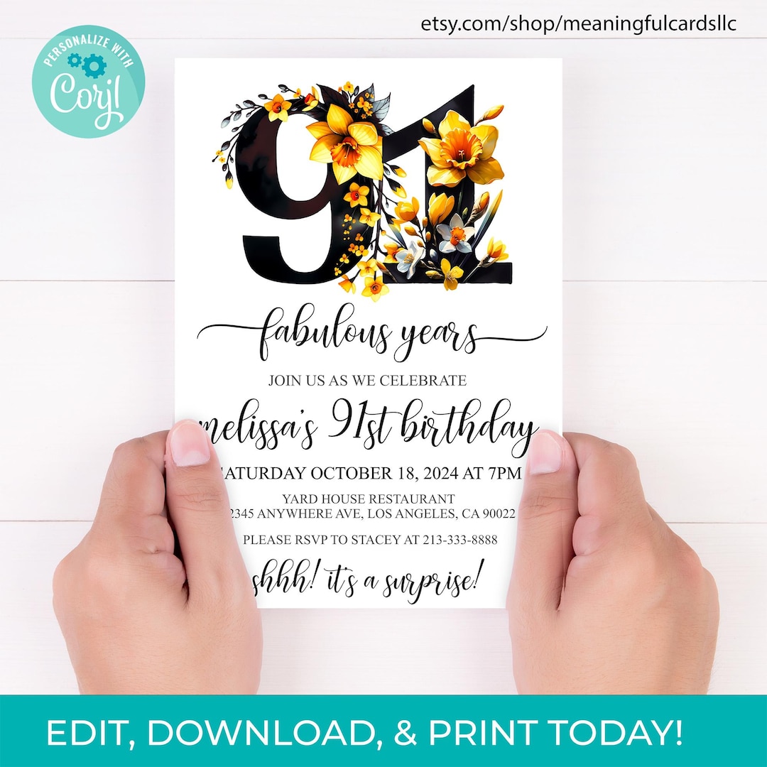 Editable Ninety First Birthday Invitation Template Print at Home ...