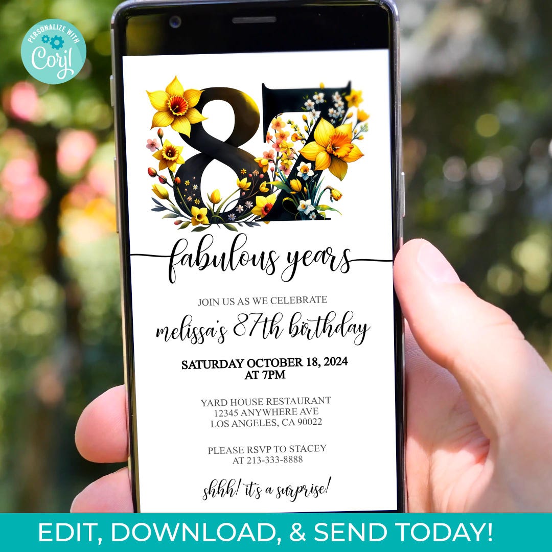 Editable 87th Birthday Invitation: Floral Design (digital Download ...