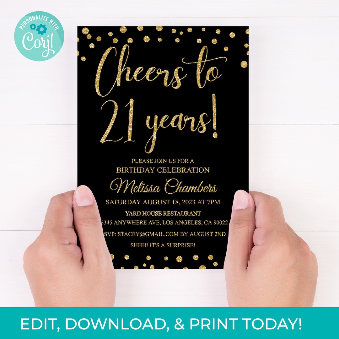 21st Birthday Invitation 21st Invite Black Gold Glitter Invitation ...