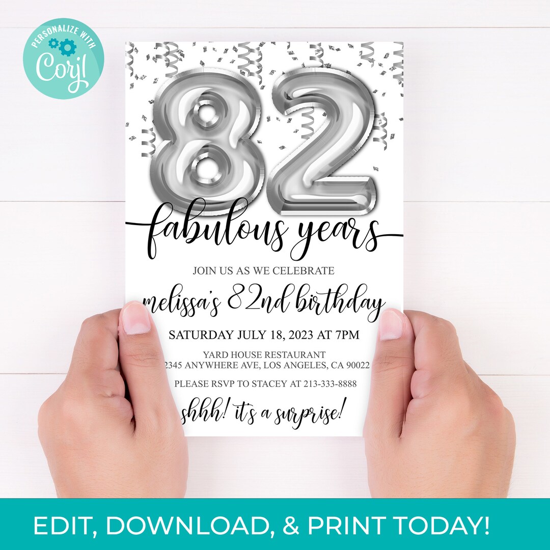 82nd Birthday Editable Invitation 82nd Invite Silver Balloons Party ...