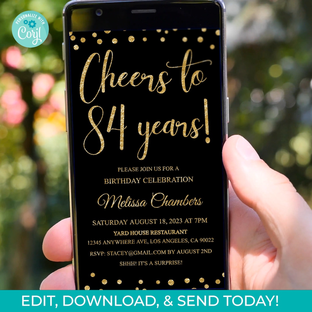84th Birthday Invitation, Black and Gold, Editable Digital Invite ...