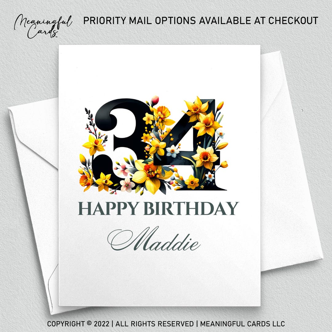 Personalized 34th Birthday Card Floral Design, Customized Thirty Fourth ...
