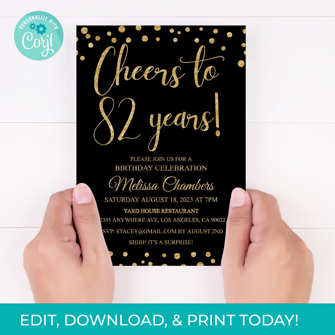 82nd Birthday Invitation 82nd Invite Black Gold Glitter Invitation ...
