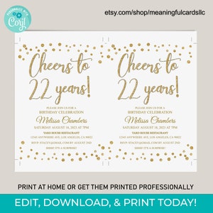 22nd Birthday Invitation 22nd Invite Gold Glitter Invitation, Editable ...