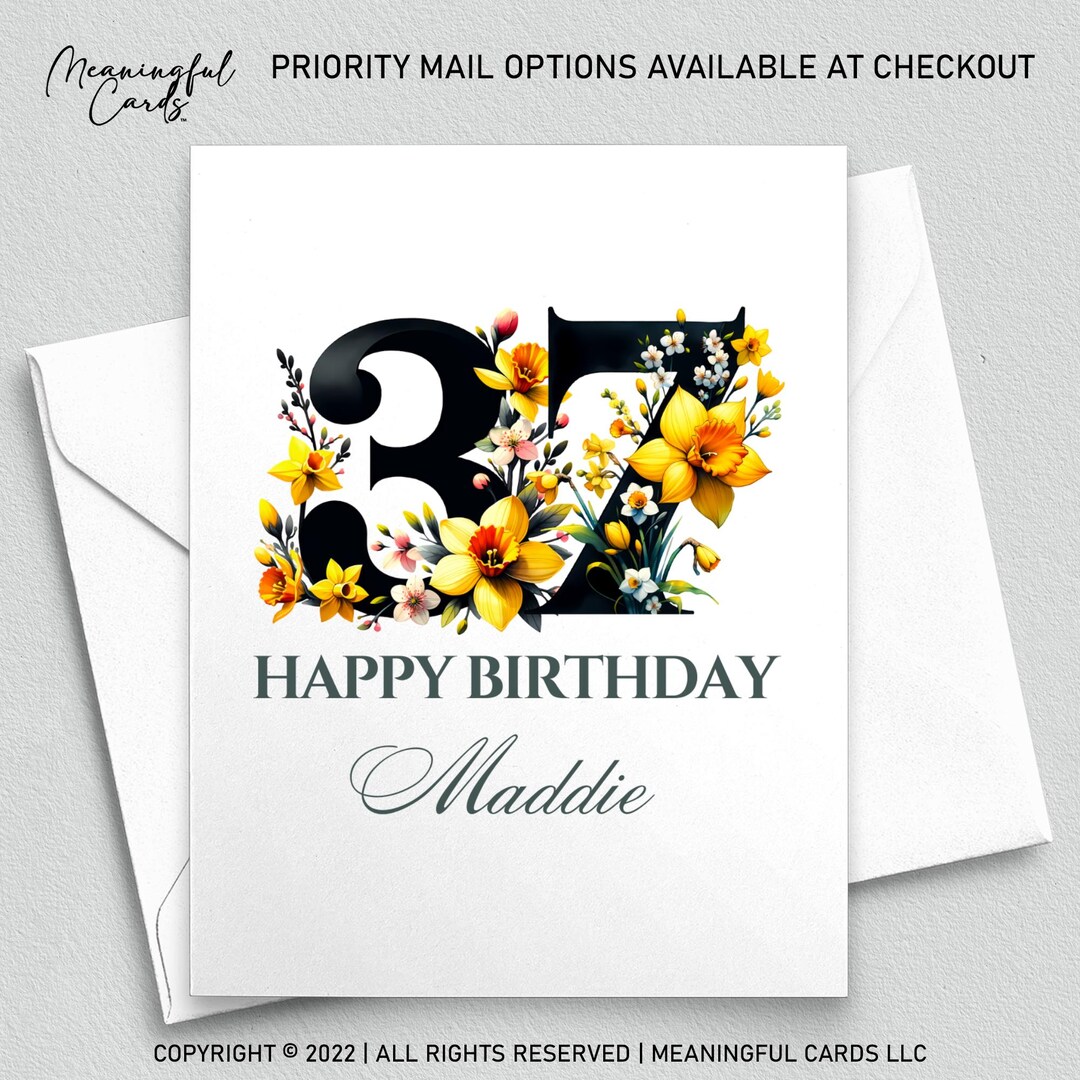 Personalized 37th Birthday Card Floral Design, Customized Thirty ...