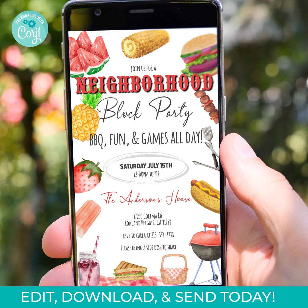 Editable Neighborhood Block Party BBQ Digital Invitation, Neighborhood ...