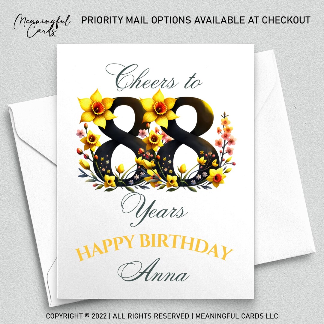 Personalized 88th Birthday Card Floral Design, Customized Eighty Eighth ...