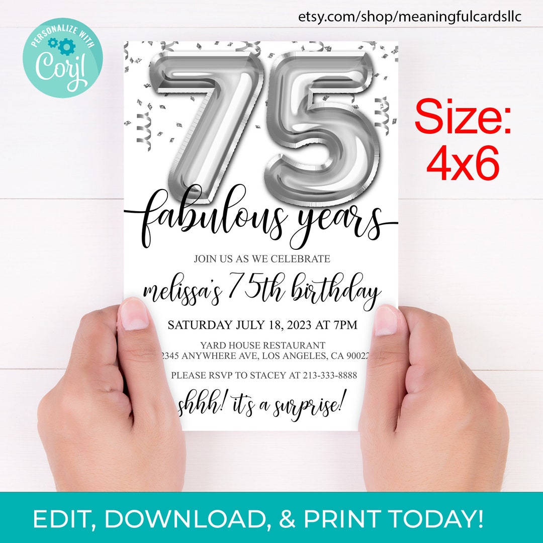 75th Birthday Editable Invitation 75th Invite Silver Balloons Party ...