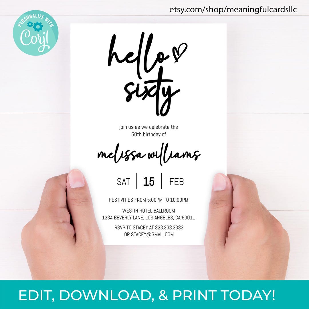 Hello Sixty 60th Birthday Invitation 60th Invite Minimalist Invitation ...