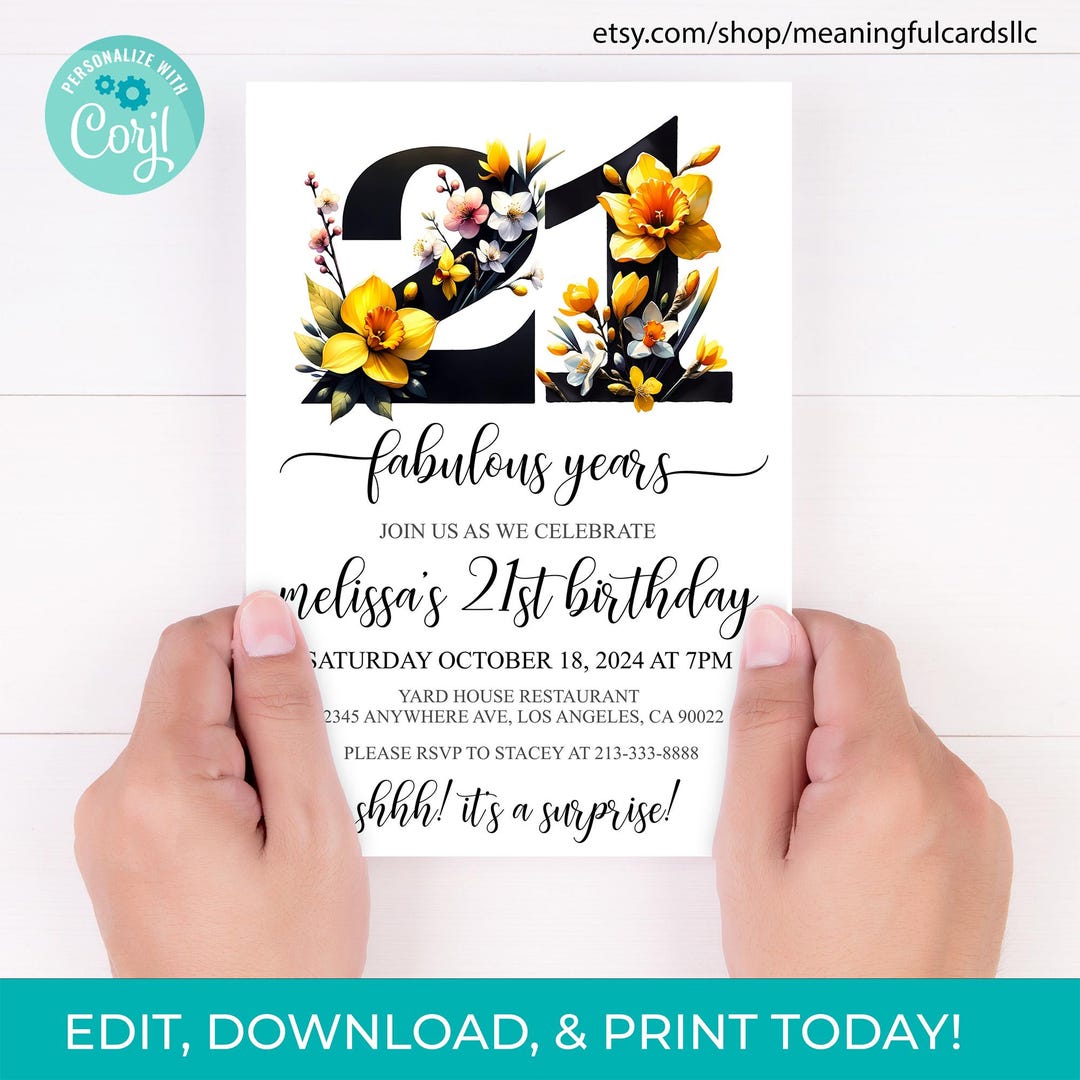 Editable Twenty First Birthday Invitation Template Print at Home ...