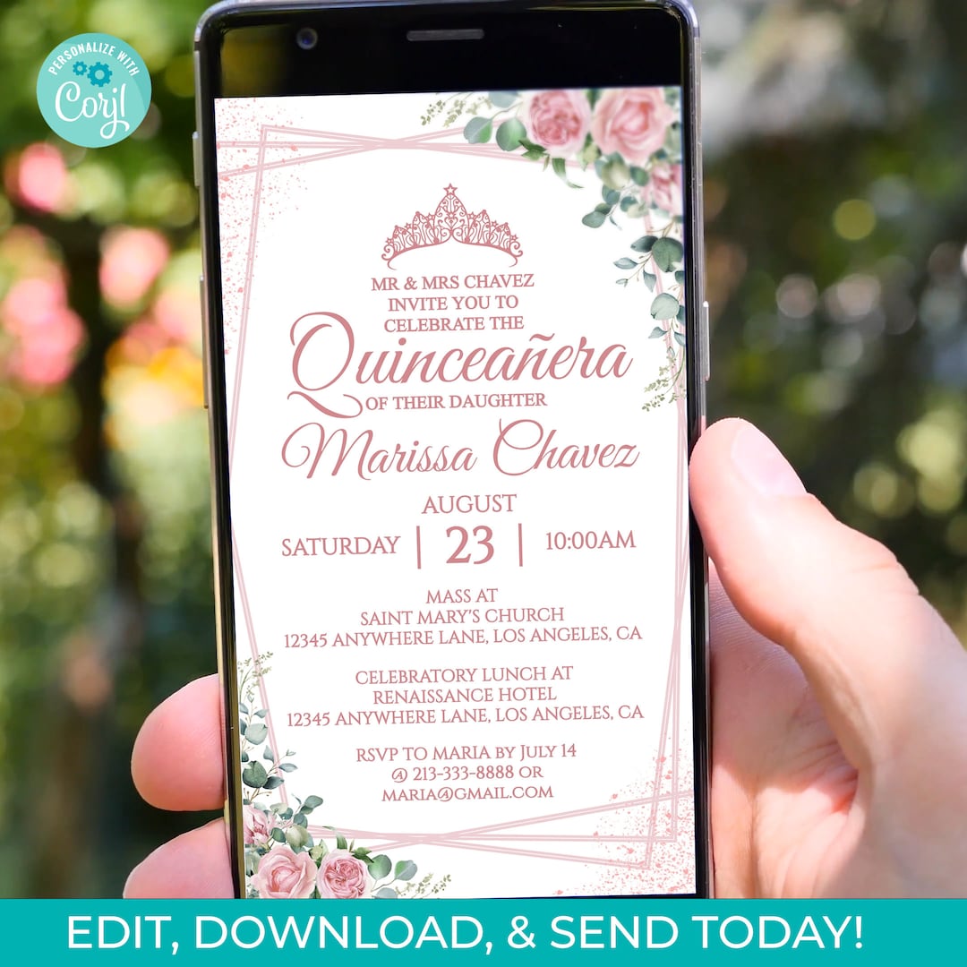 Pink White Quinceañera Digital Invitation, Editable 15th Birthday Party ...