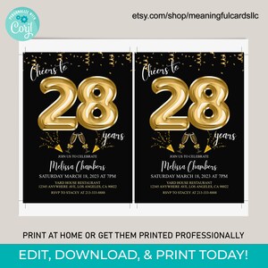 28th Birthday Invitation 28th Invite Black Gold Balloons Invitation ...